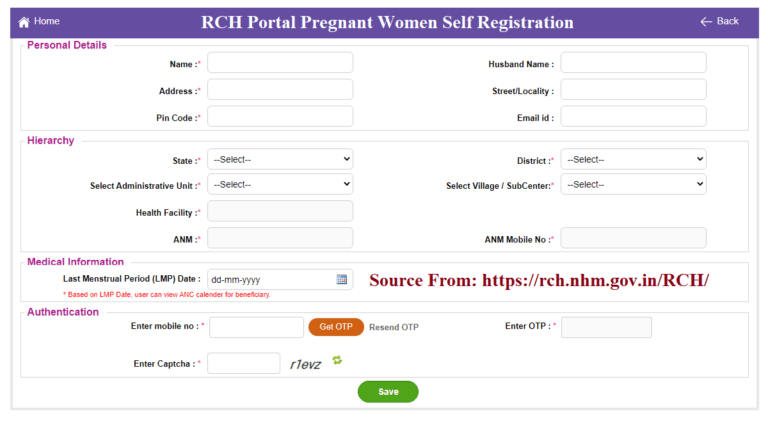 RCH Portal Data Entry Login Registration at https://rch.nhm.gov.in/